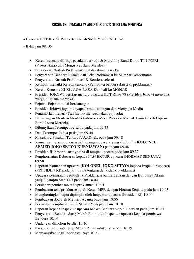Susunan Upacara 17 Agustus 2021 Di Istana Merdeka | PDF