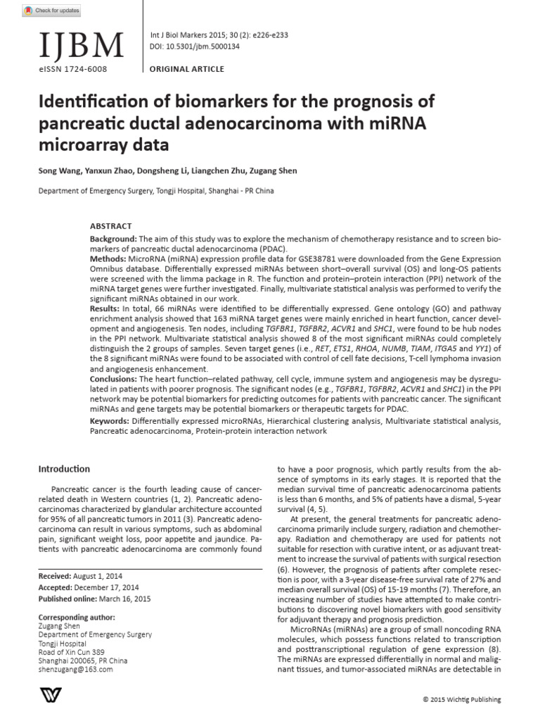 Identification of Biomarkers For The Prognosis of Pdac With Mirna | PDF | Pancreatic Cancer ...