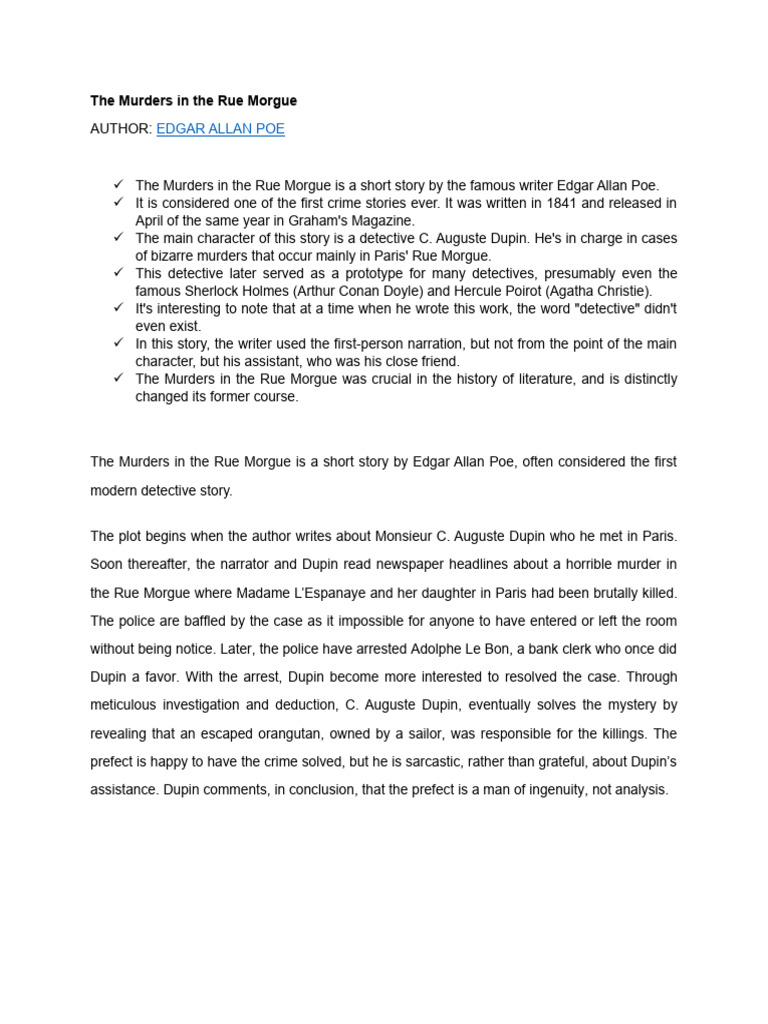 The Murders in The Rue Morgue Summary | PDF | The Murders In The Rue ...