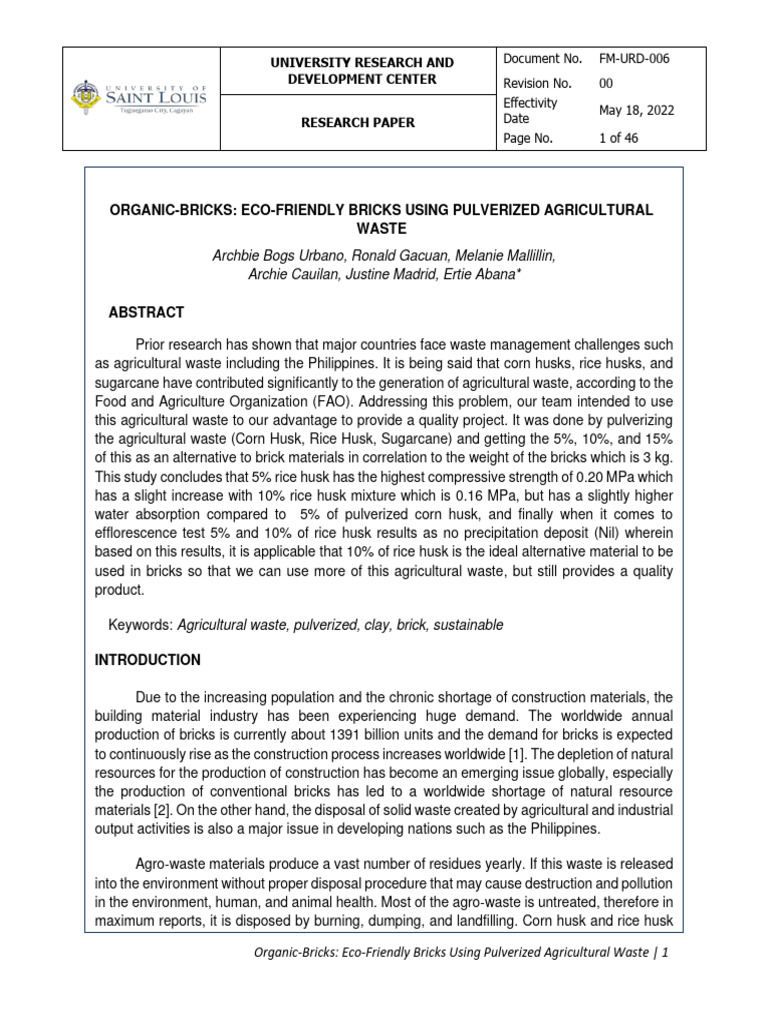 Organic-Bricks - Eco-Friendly Bricks Using Pulverized Agricultural ...