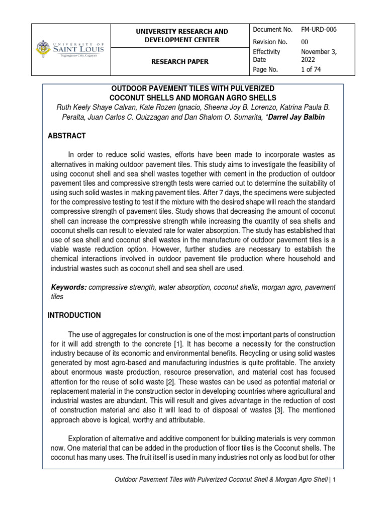 Outdoor Pavement Tiles With Pulverized Coconut Shell and Morgan Agro ...