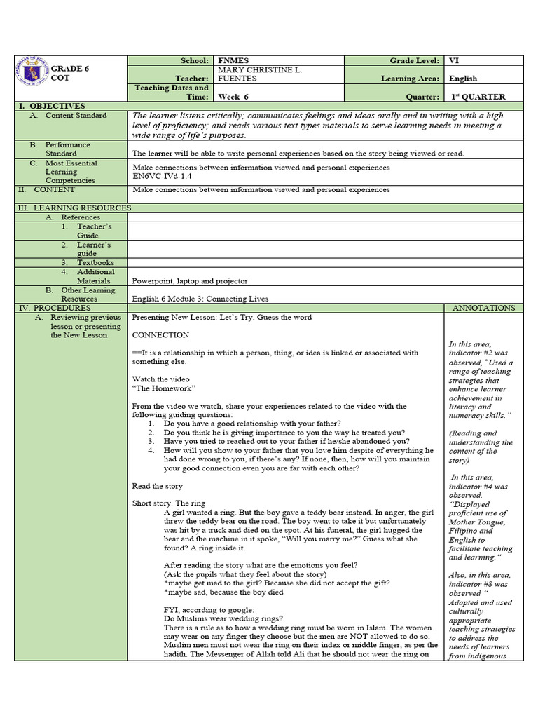 1st Eng 6 Q1 W6 Corrected and Editted | PDF | Learning | Experience
