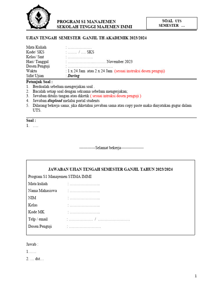 Kop Soal Uts s1 Ganjil 2023-2024 | PDF