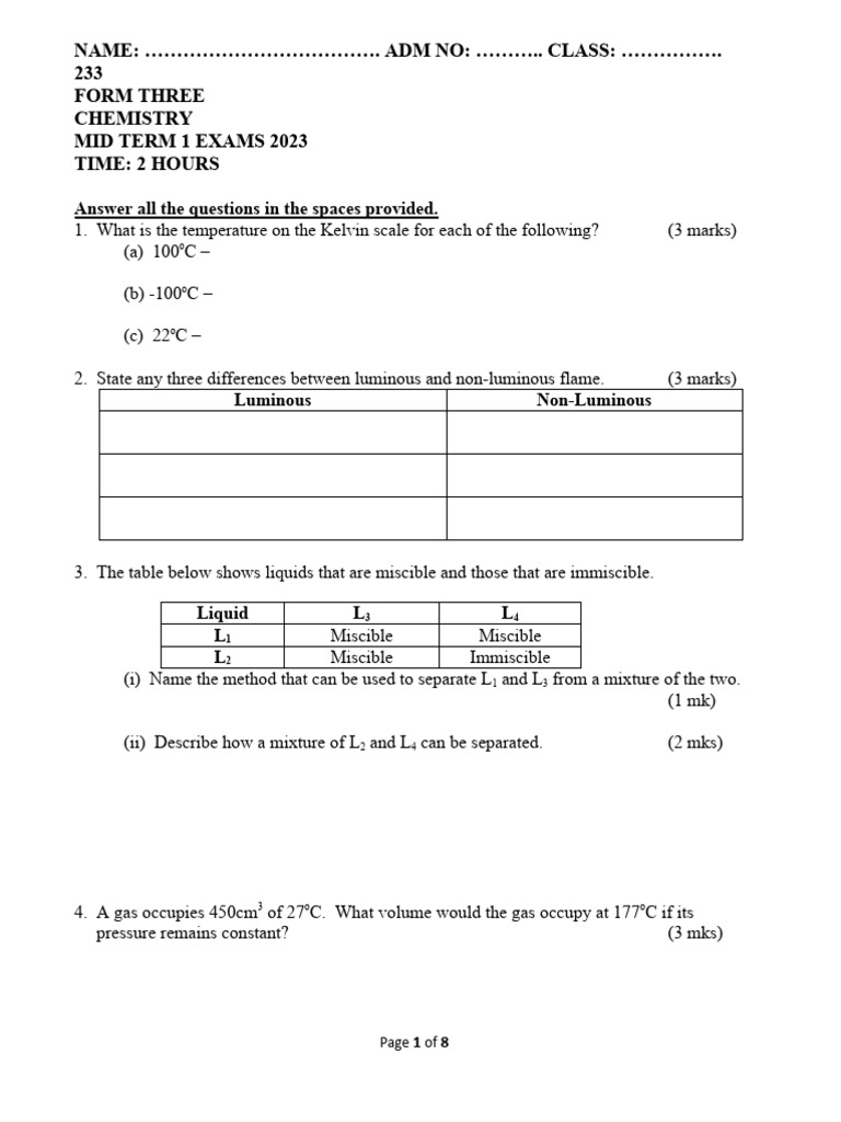 Form 3 Chemistry Midterm Exam 2023 | PDF | Chemical Elements | Sodium ...