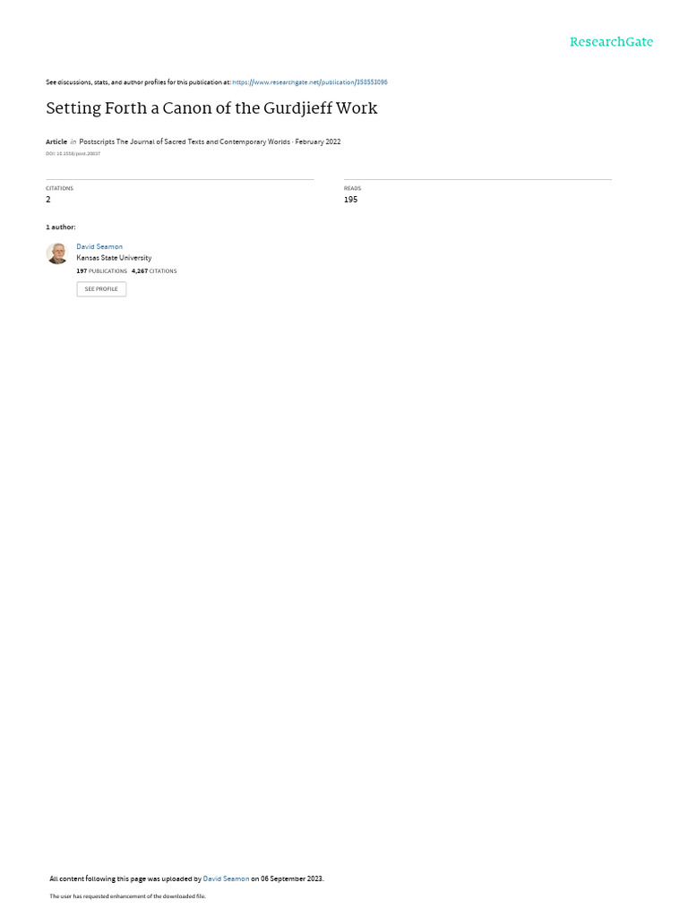 2022 Seamon POSTSCRIPTSGurdjieffcanonfinal | PDF | Fourth Way | Biblical Canon