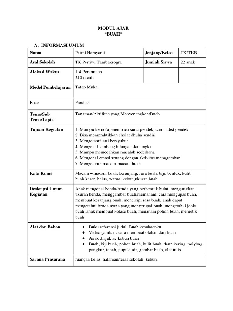 MODUL AJAR - TK Pertiwi Tambaksogra - 2024 | PDF