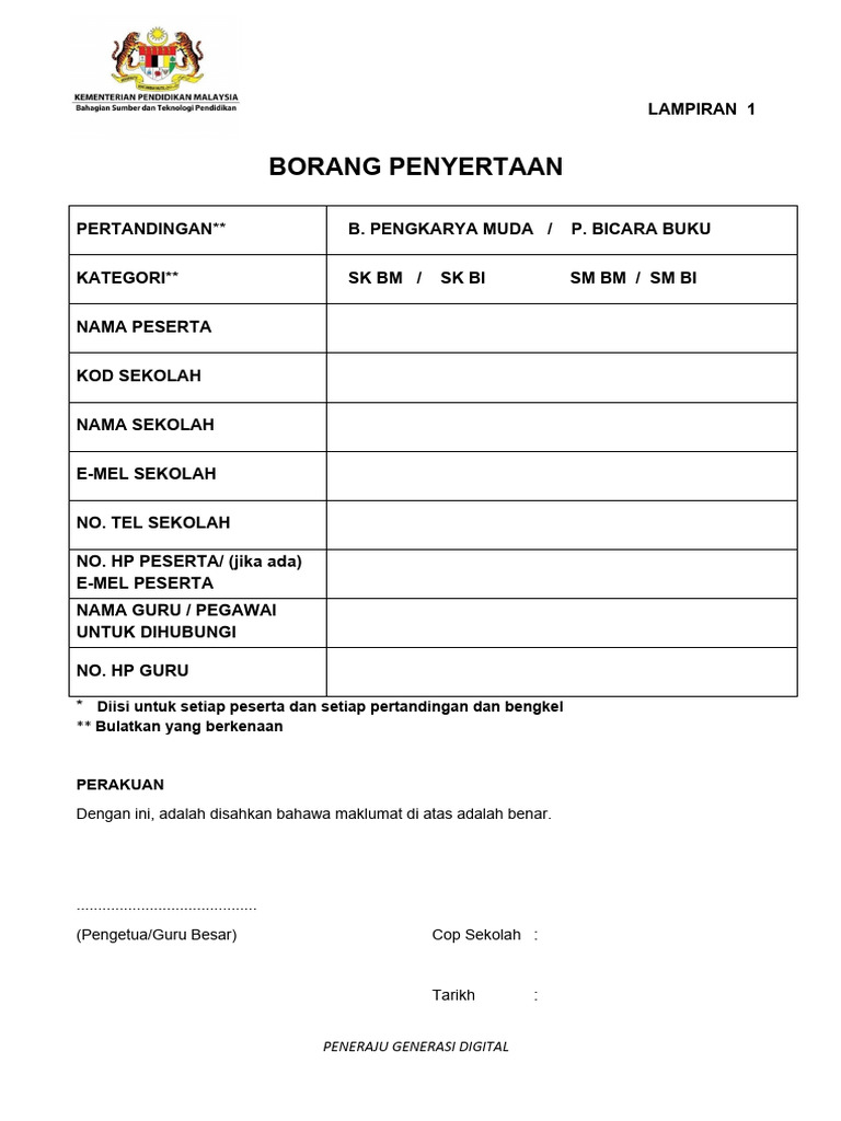 Borang Penyertaan Borang Pertandingan Bicara Buku Dan Pengkarya Muda ...