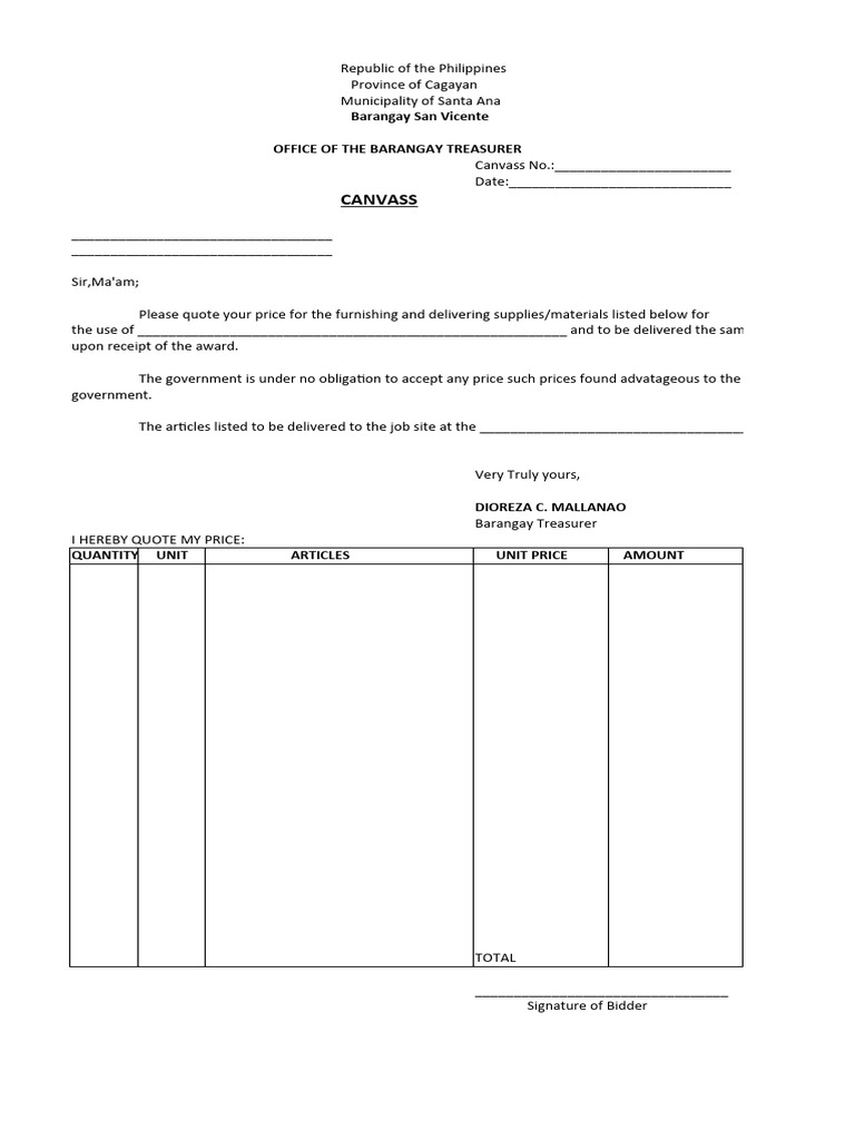 Canvass Form | PDF