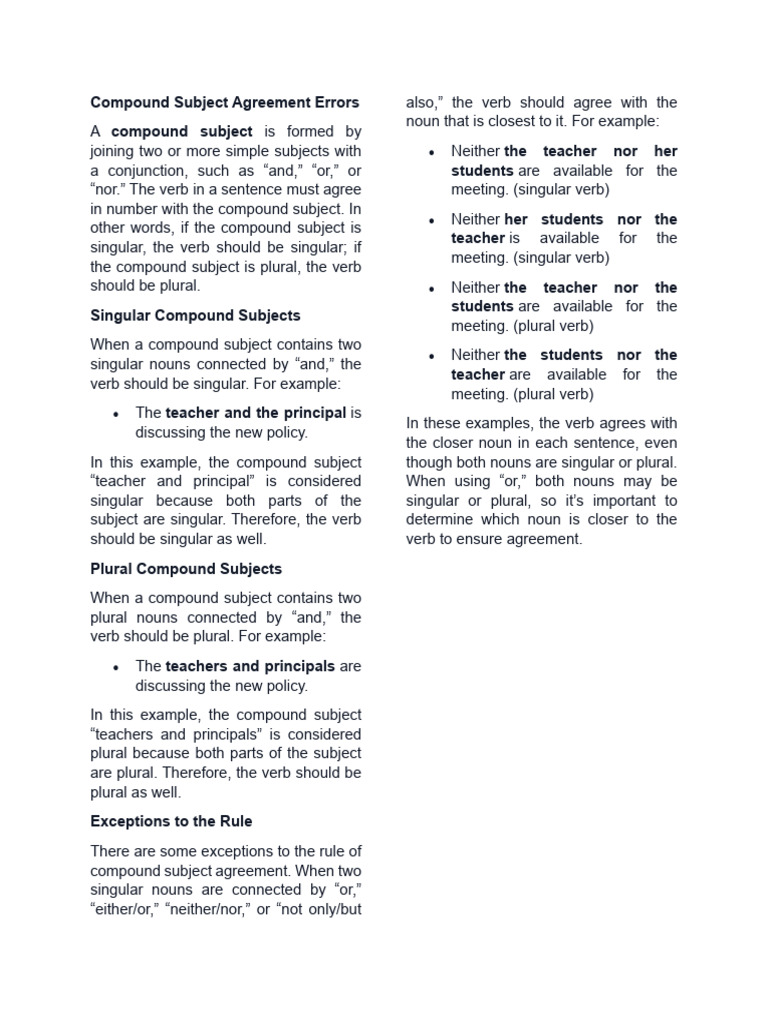 Agreement Errors in Compound Subjects and Errors | PDF | Grammatical ...