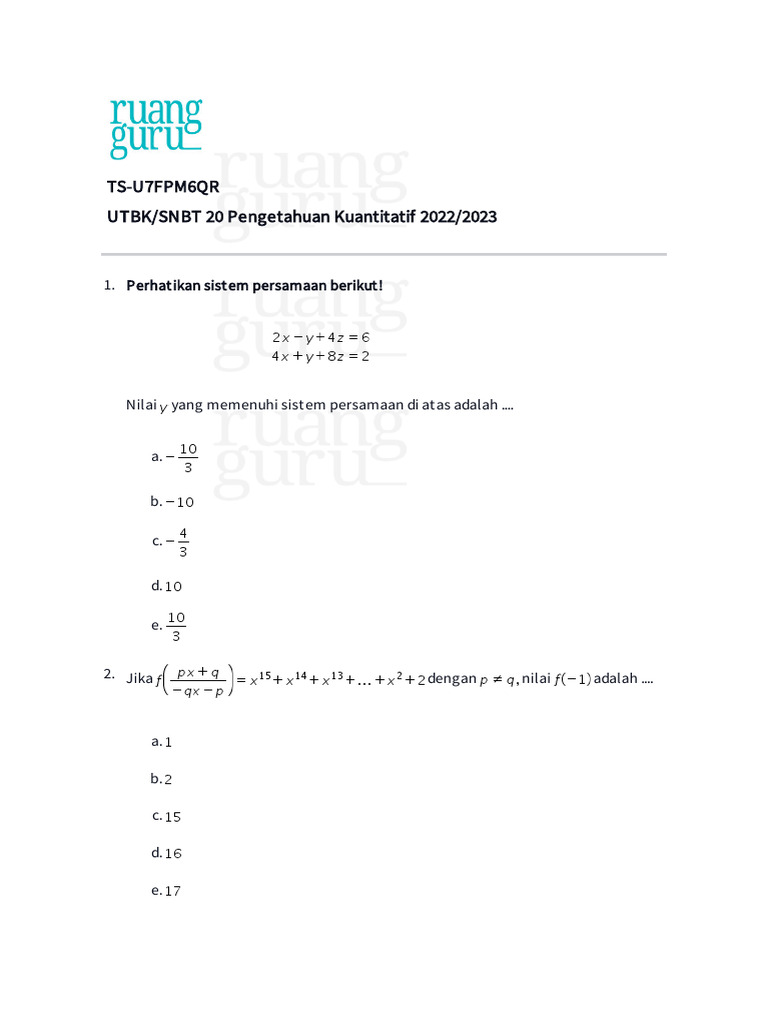 UTBK - SNBT 20 Pengetahuan Kuantitatif 2022 - 2023 | PDF | Metode & Bahan Ajar