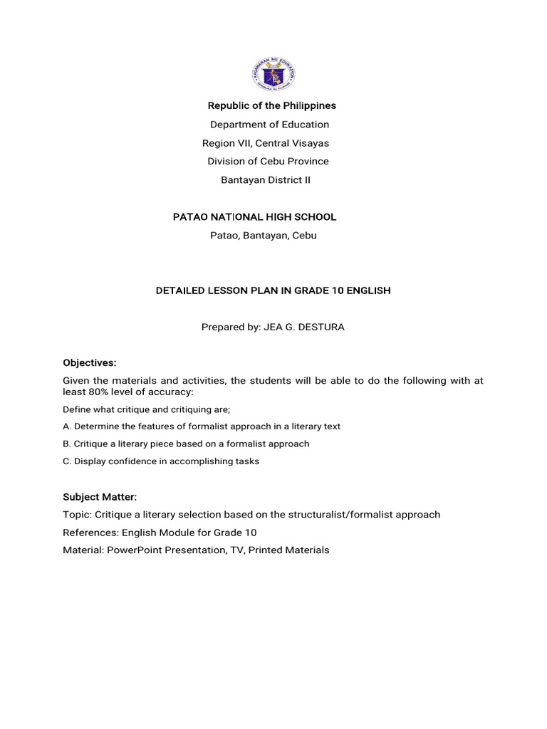 Grade 10 English Lesson Plan: Formalist Critique | PDF | Poetry | Rhyme