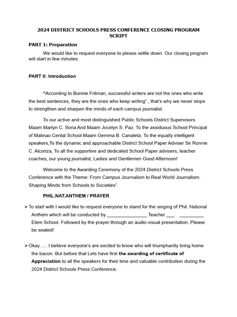 2024 District Schools Press Conference Closing Program Script | PDF