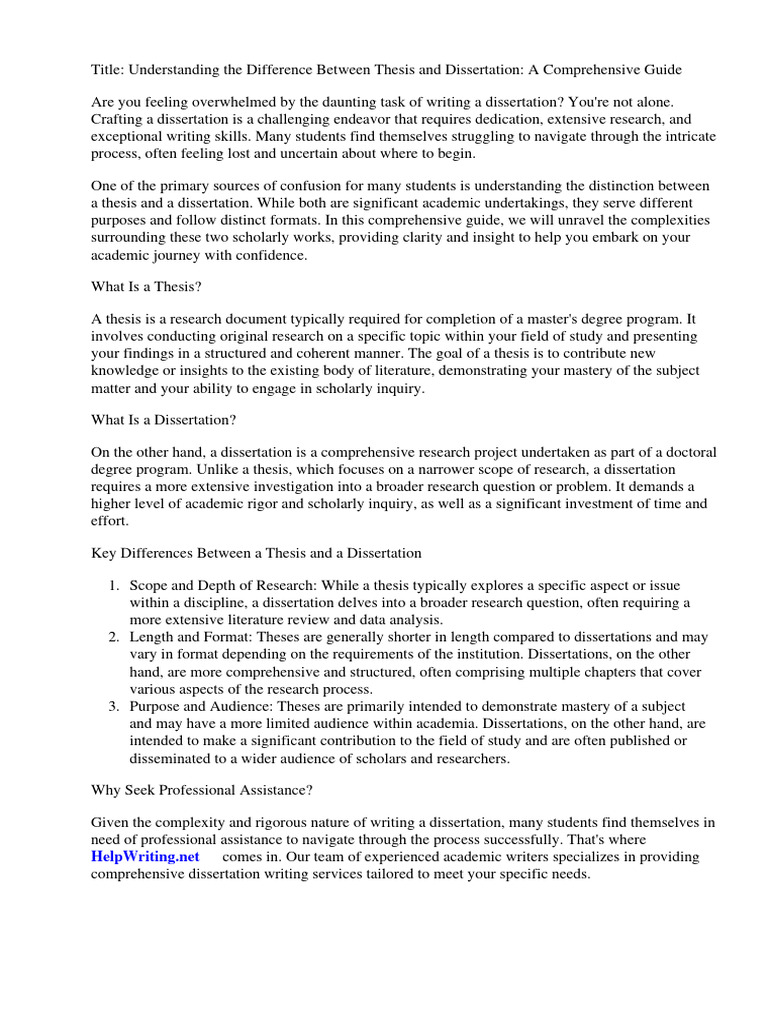 Difference Between Thesis and Dissertation PDF | PDF | Thesis | Doctor Of Philosophy