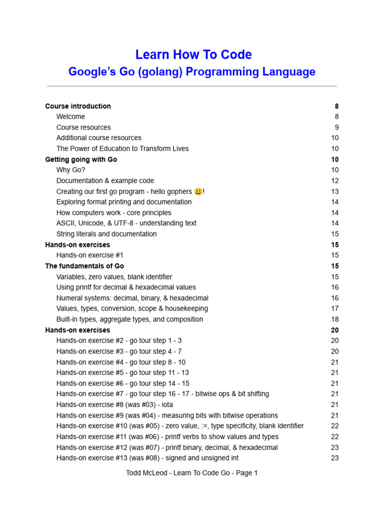 Course+outline+-+learn+to+code+go+-+v3 18 0 | PDF | Data Type | Pointer ...