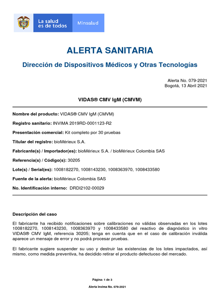 Alerta No - #079-2021 - VIDAS® CMV IgM (CMVM) | PDF | Informática