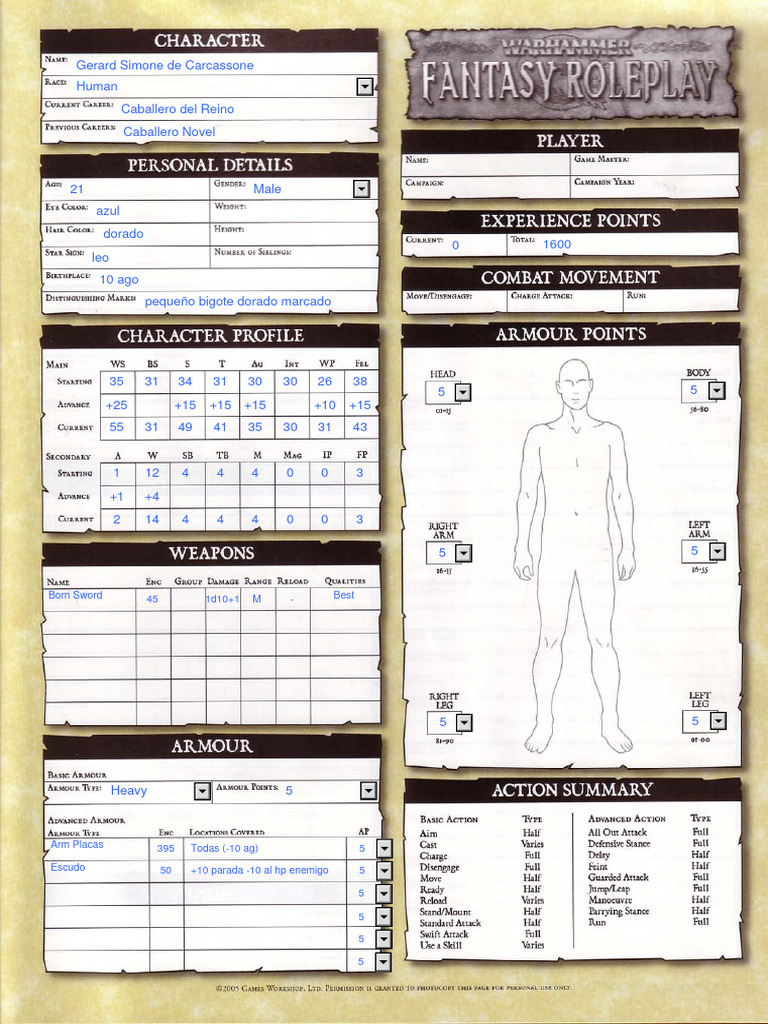 WFRP2 Fillable Character Sheet | PDF | Feudalismo | Caballería