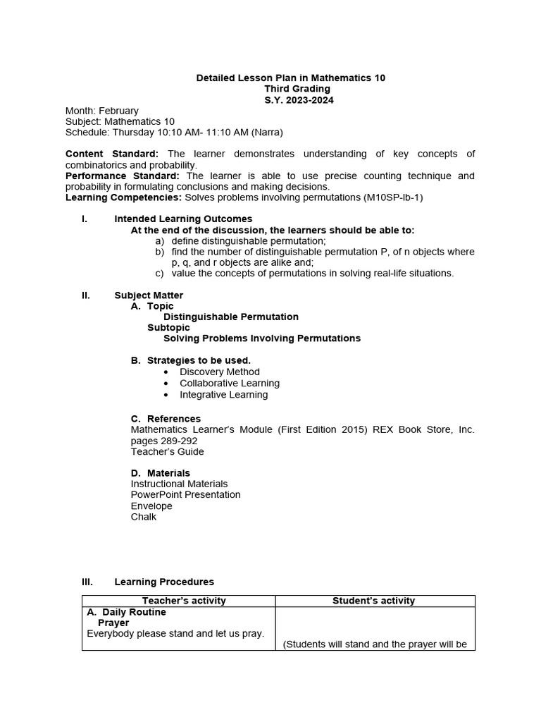Detailed Lesson Plan in Final Demo | PDF | Learning | Permutation