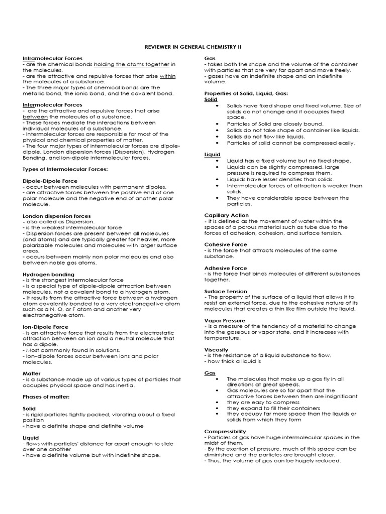 Reviewer in General Chemistry Ii | PDF | Intermolecular Force | Gases