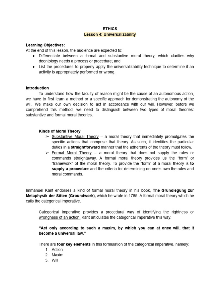 Lesson 4 - Universalizability | PDF | Immanuel Kant