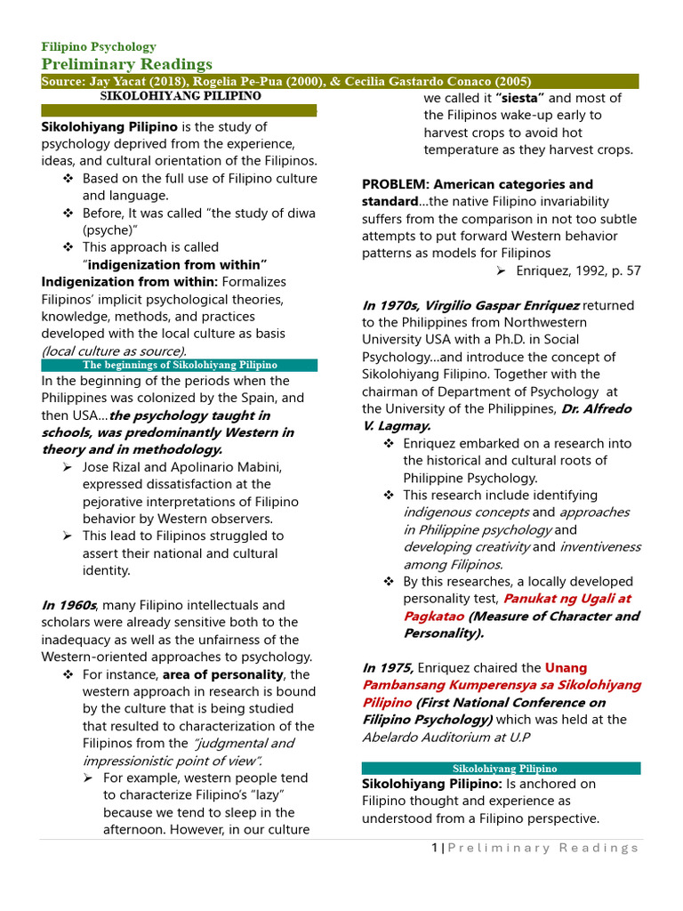 Filipino Psychology Prelimenary Readings | PDF | Psychological Concepts | Social Psychology
