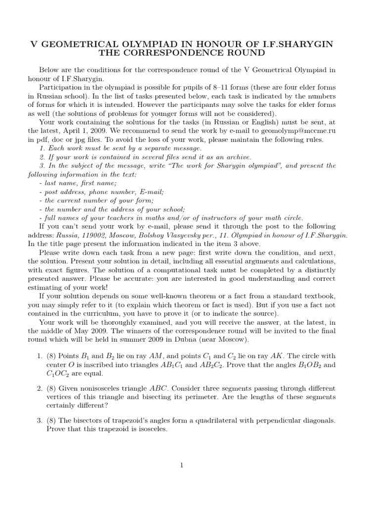 All Existed Sharygin Problems (Correspondence + Finals) | PDF | Triangle | Perpendicular