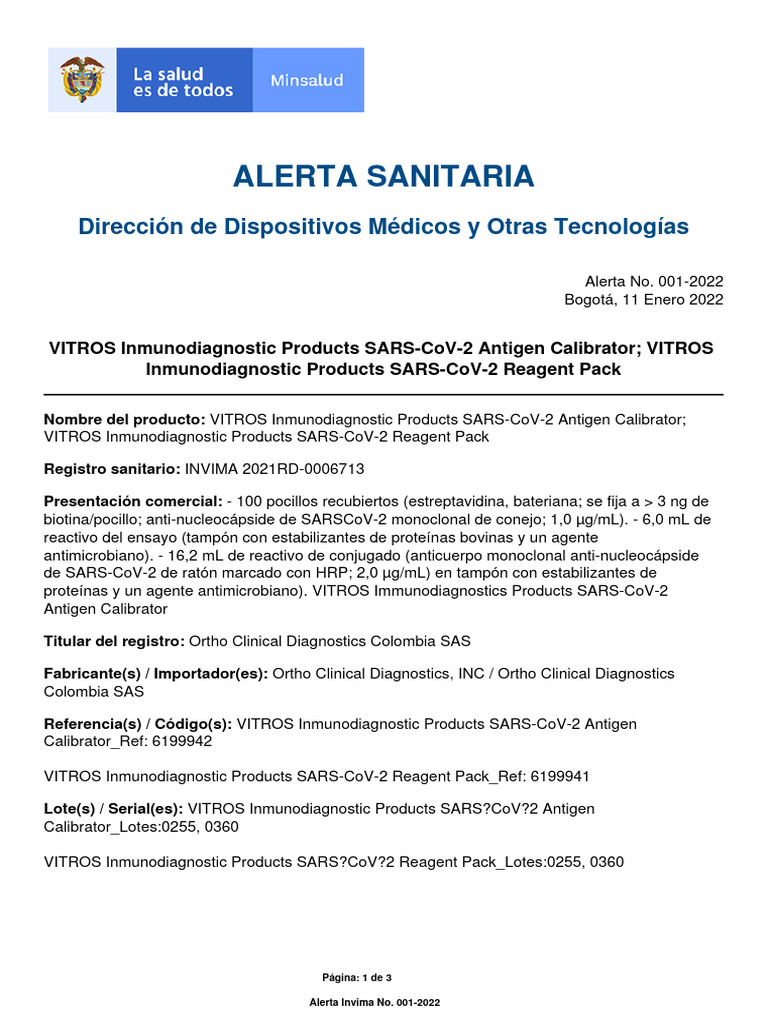 Alerta No_ #001-2022 - VITROS Inmunodiagnostic Products SARS-CoV-2 ...