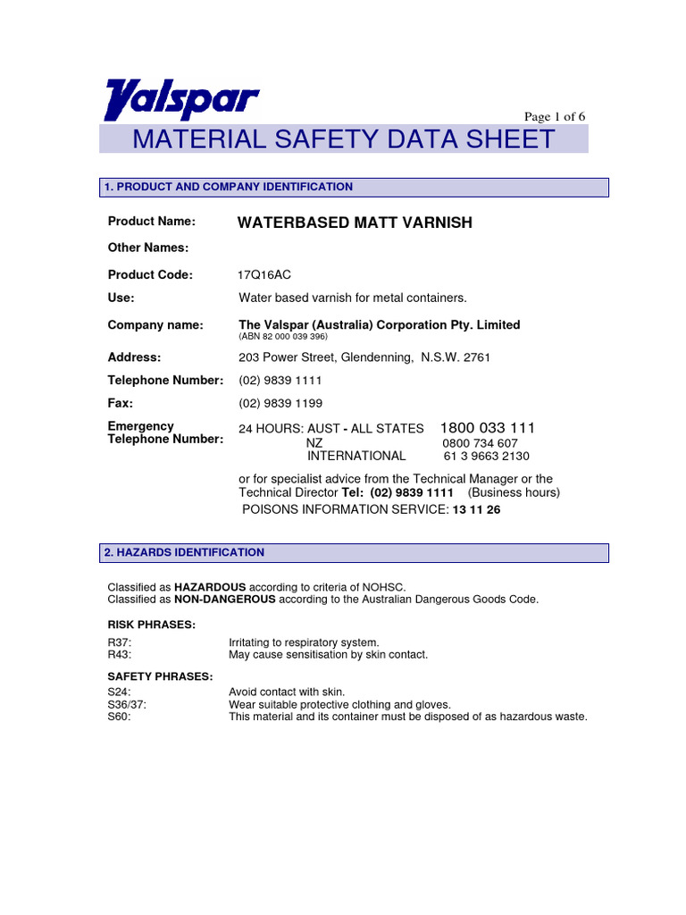 Sherwin Williams Matt Varnish SDS | PDF | Hypothermia | Chemical Substances