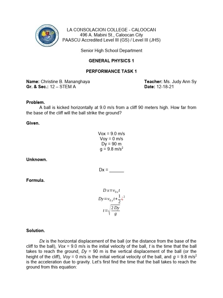 MANANGHAYA_GENPHYSICS_PETA#1 | PDF | Equations | Mechanical Engineering