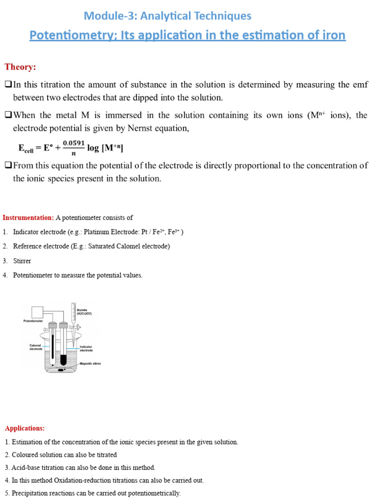 Potentiometry and Conductometry Techniques | PDF | Titration | Chemistry