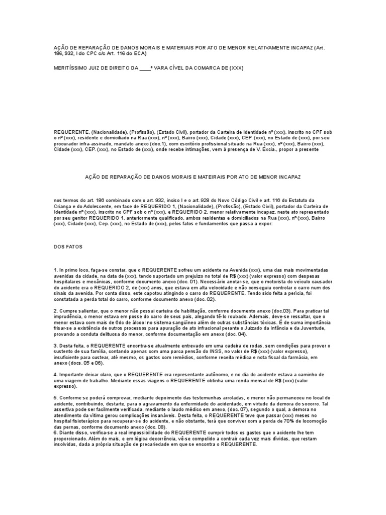 aÇÃo de ReparaÇÃo de Danos Morais e Materiais Por Ato de Menor ...