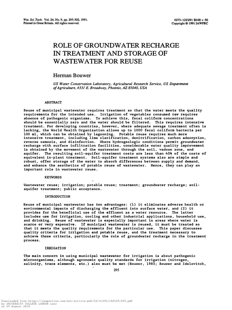 Role of Groundwater Recharge in Treatment and Storage of Wastewater For Reuse | PDF | Sewage ...
