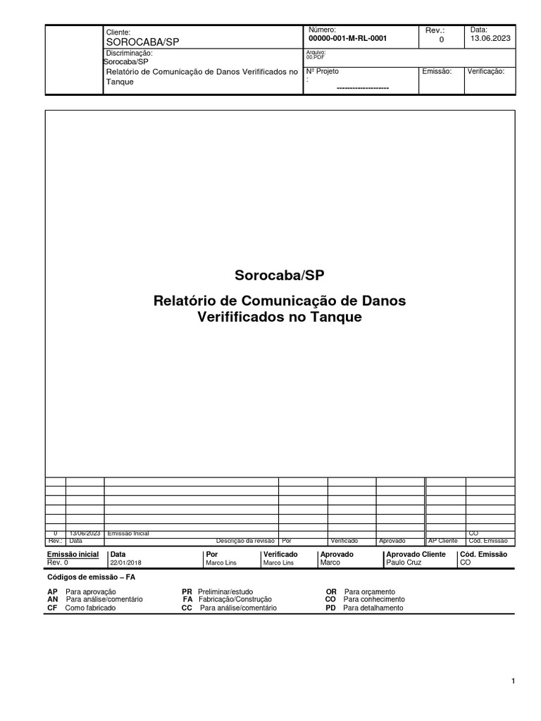 00000-001-M-RL-0001 - 00 - MODELO - Relatório Recebimento Tanque Com Danos | PDF