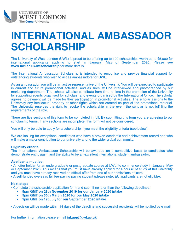 International Ambassador Scholarship Form | PDF | University | Travel Visa