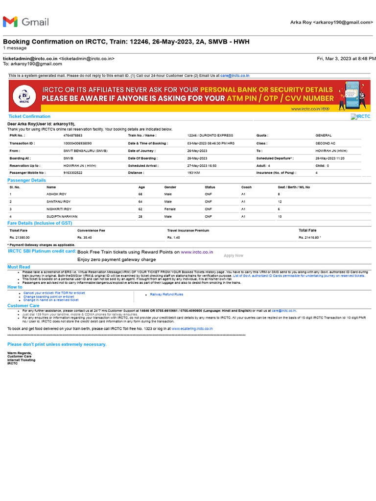 Gmail - Booking Confirmation On IRCTC, Train - 12246, 26-May-2023, 2A, SMVB - HWH | PDF | Credit ...