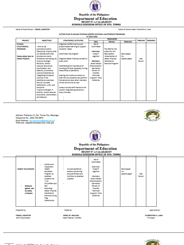 Galawv Pilipinas -Action-Plan-in-MAPEH-2022-2023 | PDF | Physical ...