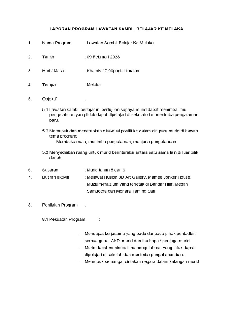 Laporan Lawatan Sambil Belajar Ke Melaka SKCC | PDF | Seni