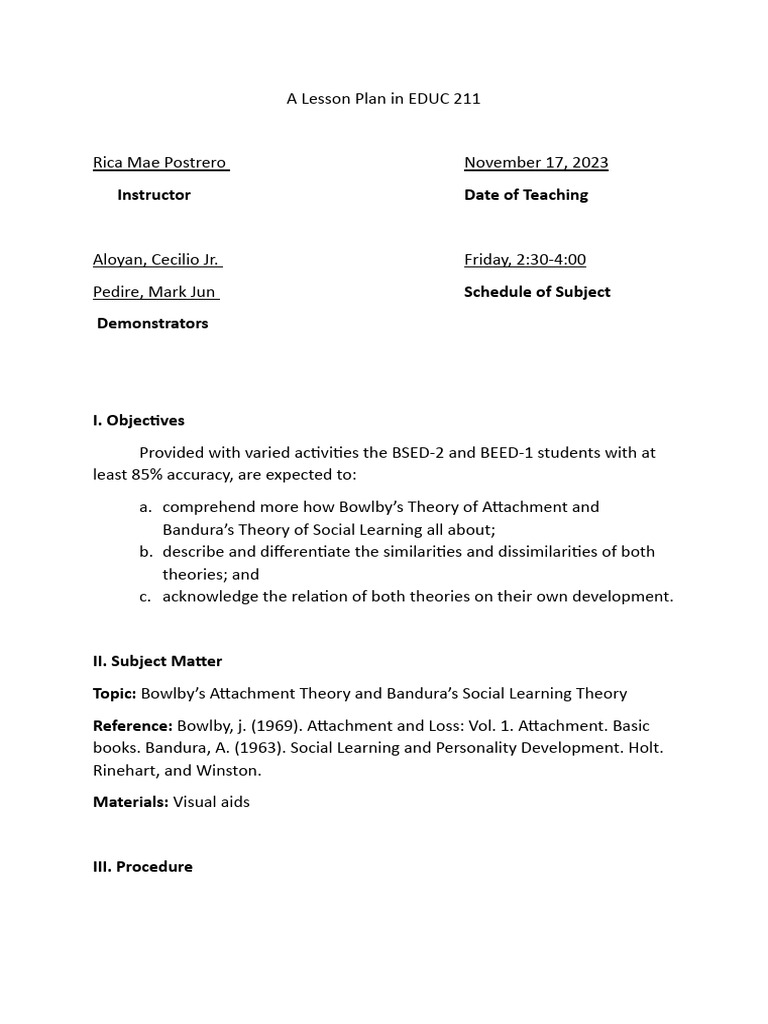 A-Lesson-Plan-in-EDUC-211-group-7 | PDF | Attachment Theory | Cognitive Science