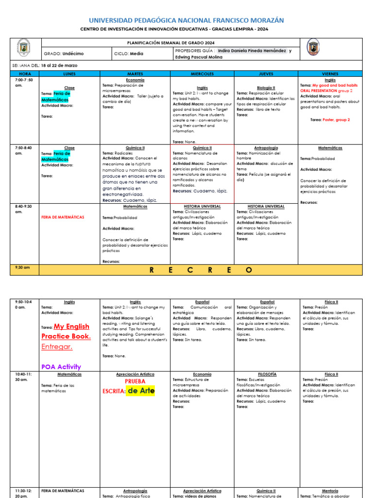 Undécimo - Agenda Semanal de Grado | PDF