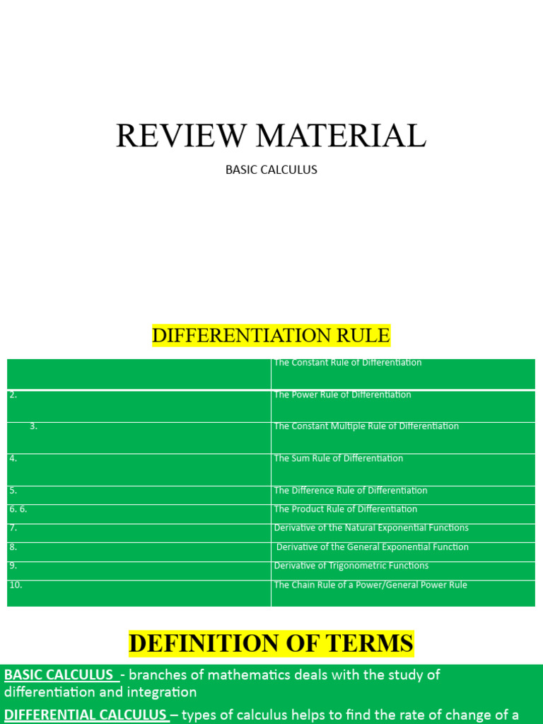 REVIEW MATERIAL Basic Calculus Midterm 2023 2024 2 | PDF | Derivative | Function (Mathematics)