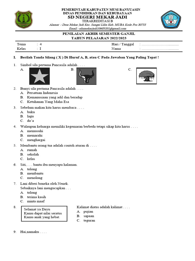Soal PAS Ganjil Kelas 1 SD | PDF