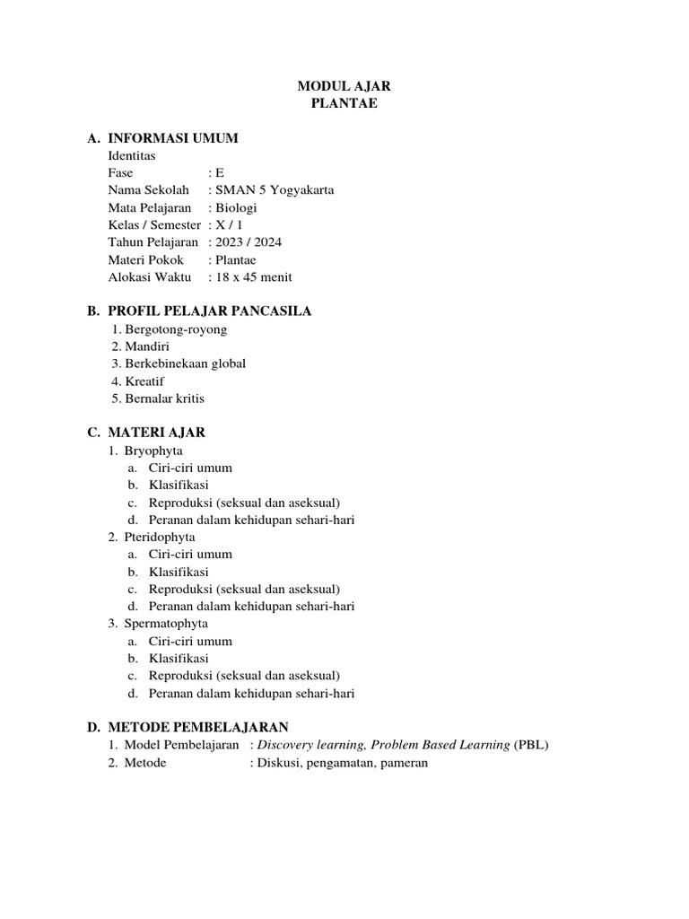 MODUL AJAR Plantae | PDF