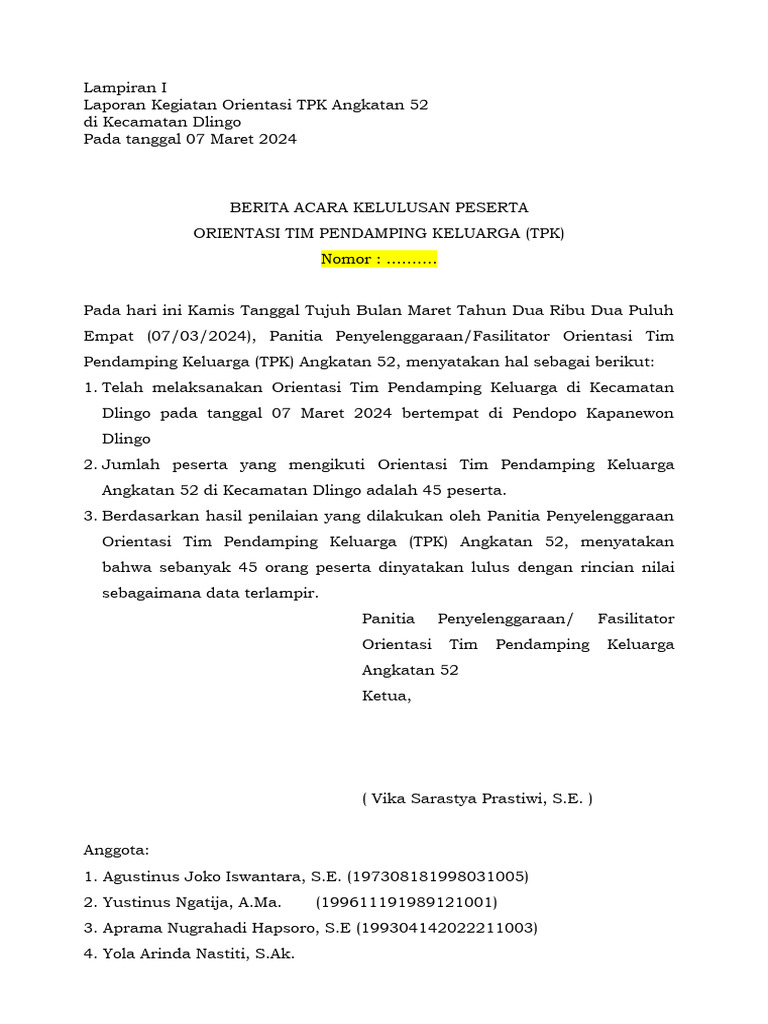 Berita Acara Kelulusan Peserta Orientasi TPK 7 Maret 2024 | PDF