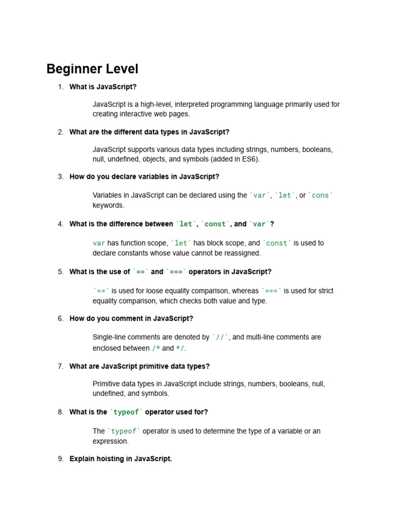 50 JavaScript Interview Questions | PDF | Java Script | Scope (Computer ... 50 JavaScript Interview Questions | PDF | Java Script | Scope (Computer ...