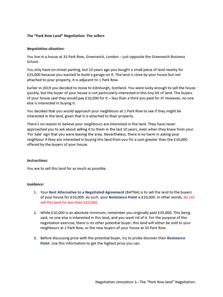 Negotiation Simulation 1 Park Row, Seller | PDF | Negotiation | Market ...