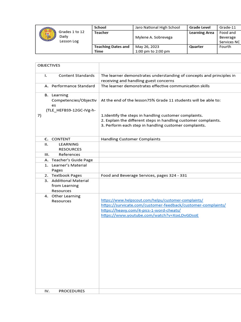 DLP - FBS NC II - Handling Customer Complaints | PDF | Learning | Cognitive Science