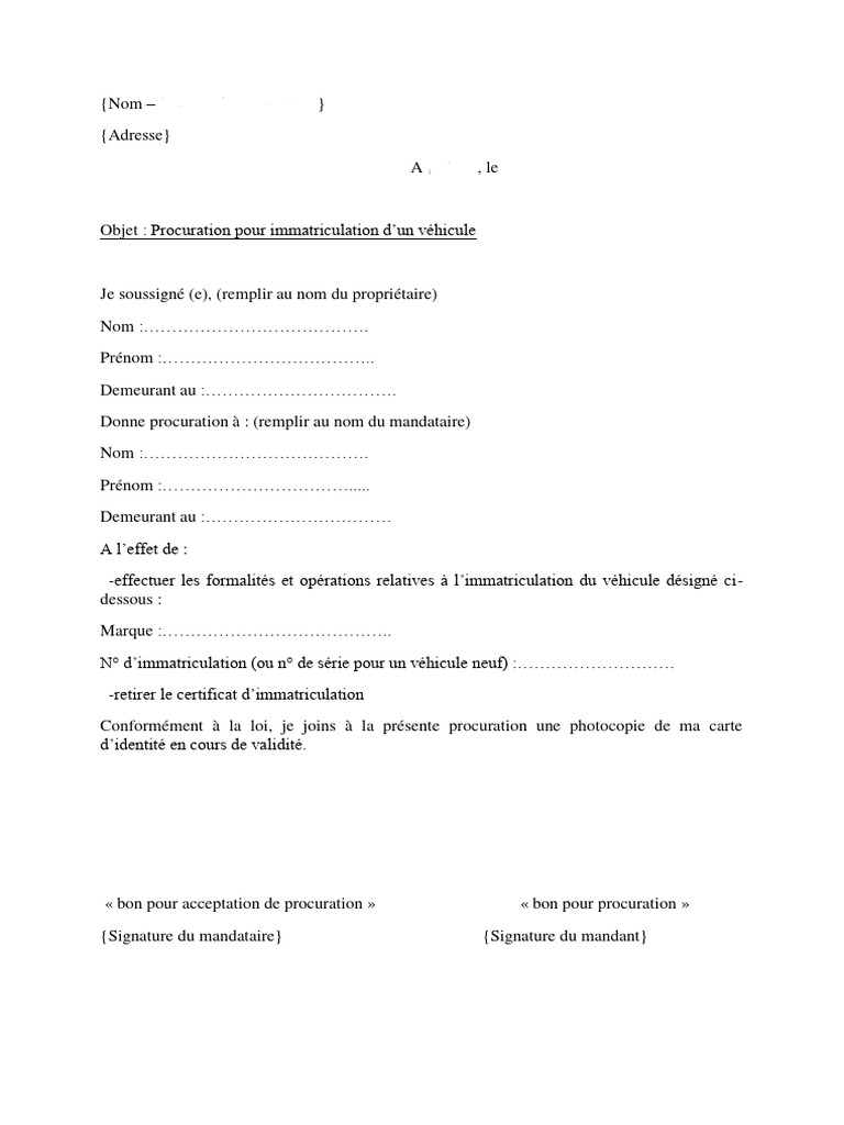 Procuration pour immatriculation véhicule | PDF | Droit