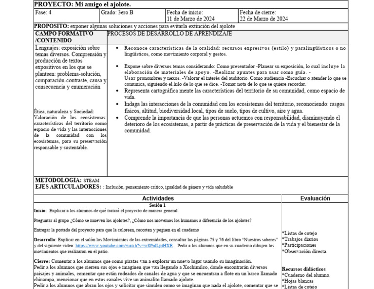 PROYECTO Mi Amigo El Ajolote | PDF