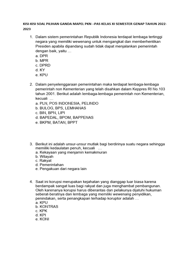 Kisi-Kisi Soal Pilihan Ganda Mapel PKN Pas Kelas Xi Genap 2022-2023 | PDF