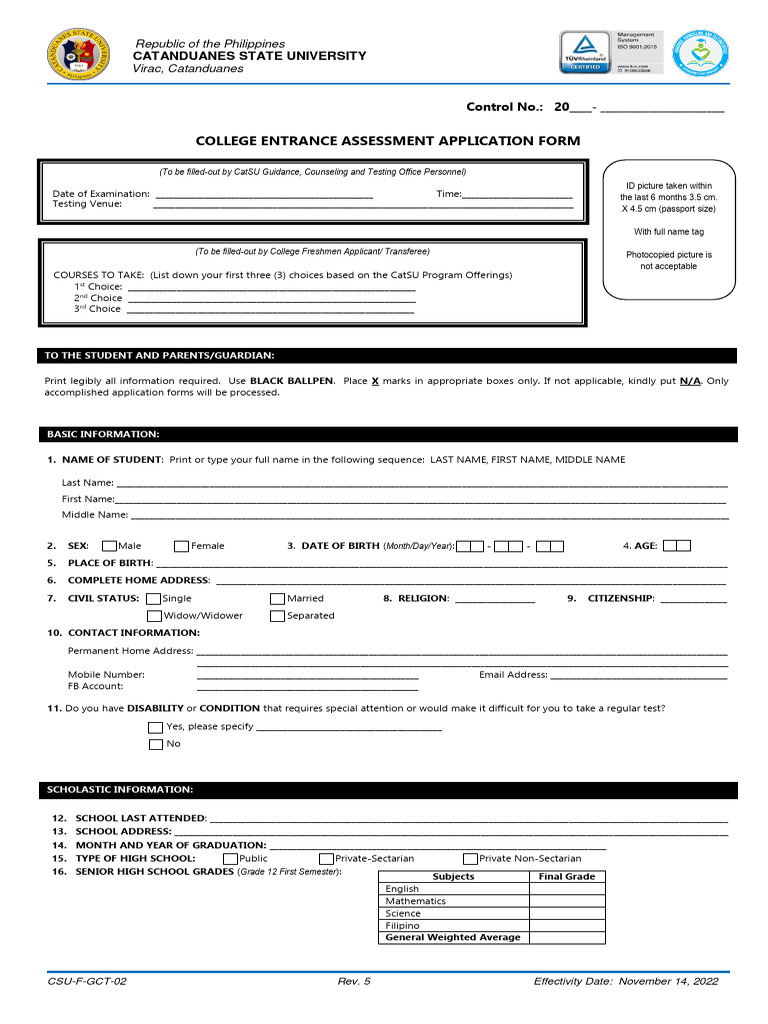 College Entrance Assessment Application Form: Catanduanes State ...