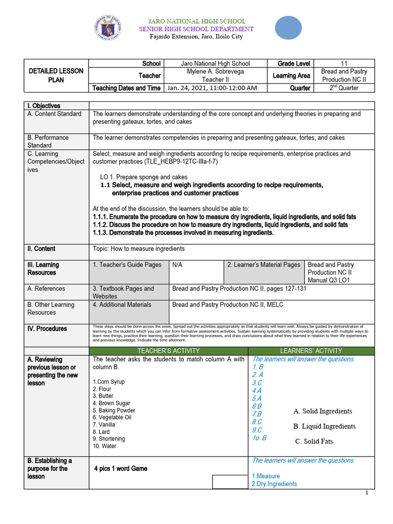 DLP - COT 1 Sobrevega - With Annotation Final | PDF | Baking | Learning